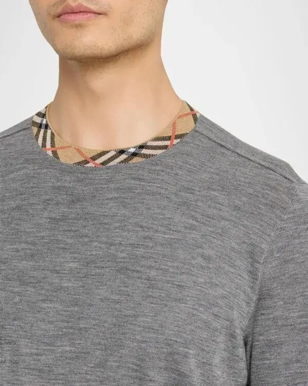 Burberry Crewneck Sweater With Signature Check Trim - Grey