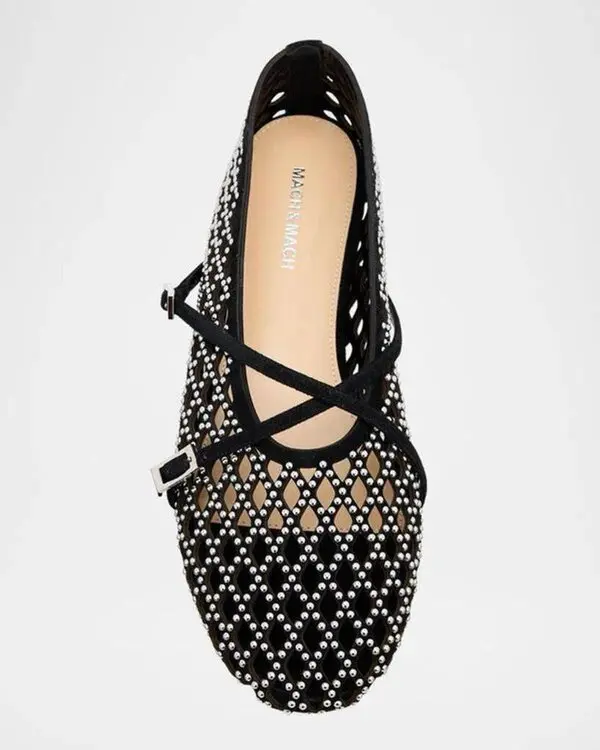 Mach & Mach Sparkle Mesh Net Suede Ballerina Flats - Blk Black