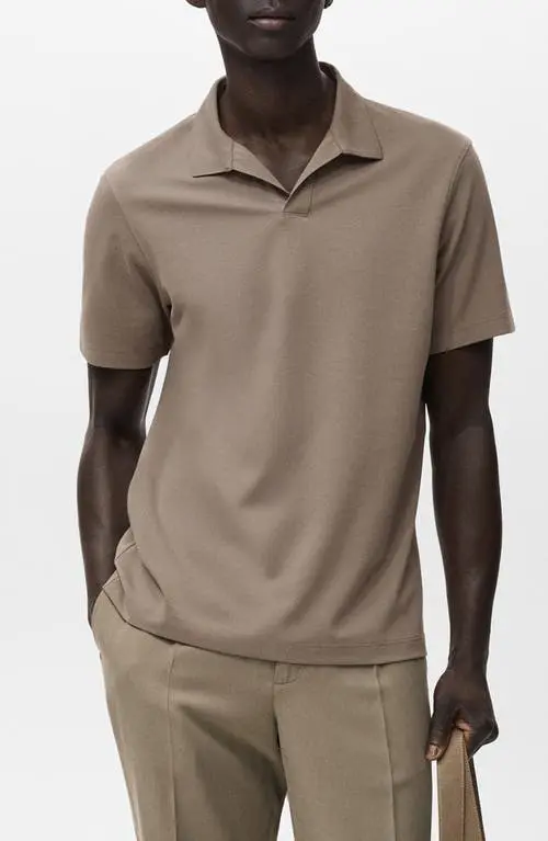 Mango Solid Johnny Collar Cotton Blend Piqué Polo - Brown