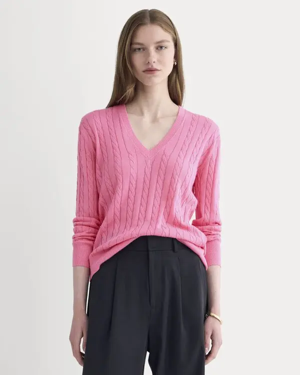Everlane Cable V-neck Cotton Cashmere Sweater - Deep Pink