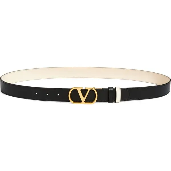 Valentino Garavani Vlogo Signature Reversible Leather Belt - Nero/butter White