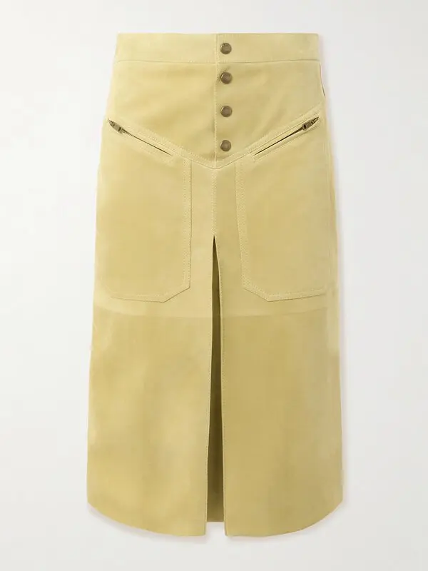 Chloé Pleated Paneled Suede Midi Skirt - Neutrals