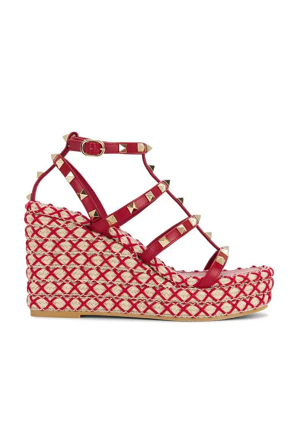 Valentino Garavani Rockstud Torchon Espadrille Wedge - Classic Red & Classic Red Naturale