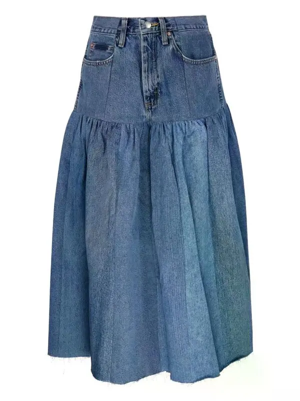 E.L.V. DENIM Harvard Ruffled Midi Denim Skirt