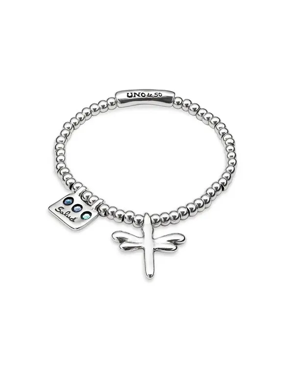 UNODE50 Sterling Plated Elastic Beaded Bracelet With Dragonfly Charm - Silver