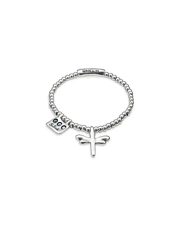 UNODE50 Sterling Plated Elastic Beaded Bracelet With Dragonfly Charm - Silver