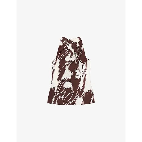 RO&ZO Swirl-print Draped Woven Top - Brown