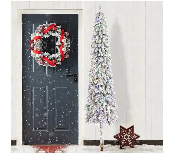 GLITZHOME 7.5' Led Pre-lit Flocked Artificial C Hristmas Tree - One-color