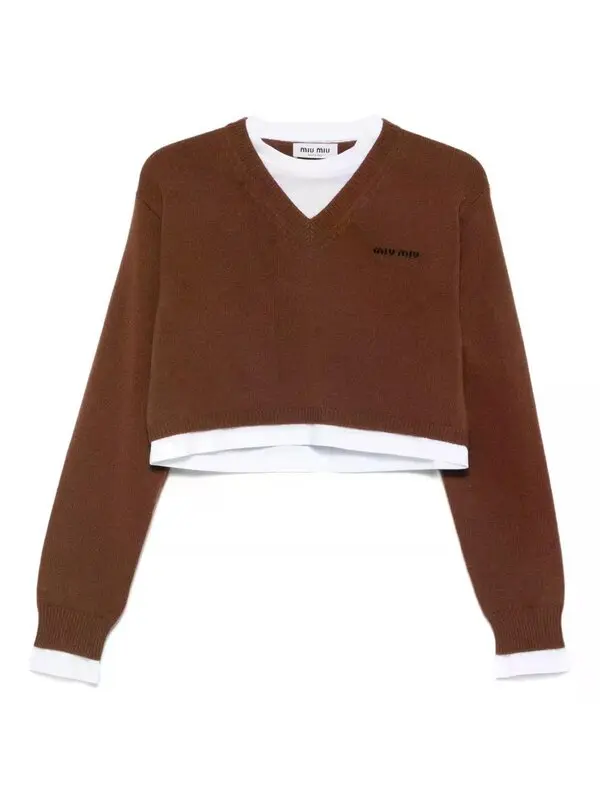 Miu Miu Cropped Cashmere V-neck Sweater - Brown