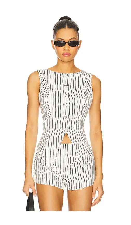 ALL THE WAYS Alerie Button Front Top - White & Black Stripe