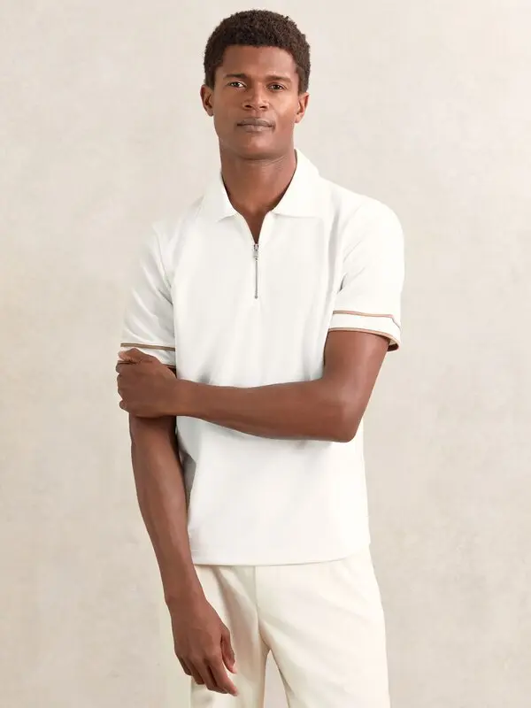 REISS Zain Textured Half-zip Tipped Polo Shirt - White