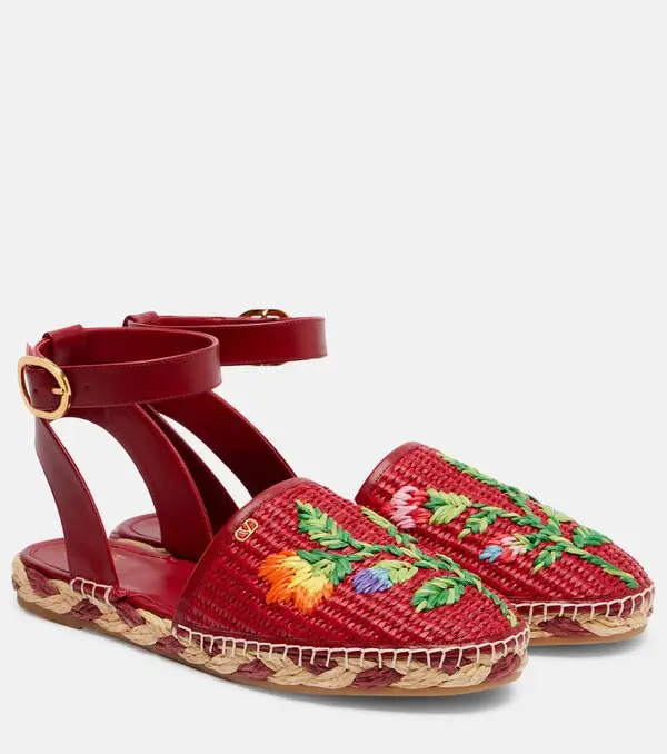 Valentino Garavani Bribri Raffia And Leather Espadrilles - Red