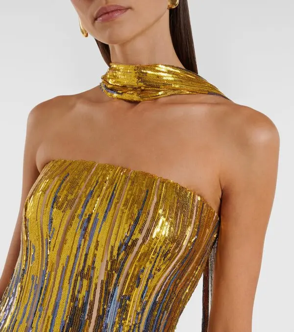 Elie Saab Sequined Strapless Gown With Scarf Detail