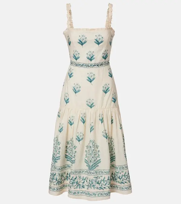 Agua Bendita Nispero Ceiba Floral Linen Midi Dress - Beige