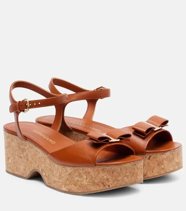 FERRAGAMO Selna Leather Wedge Sandals - Neutrals