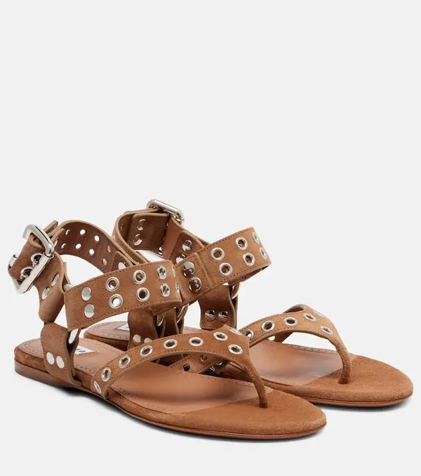 Alaïa Studded Suede Thong Sandals - Brown