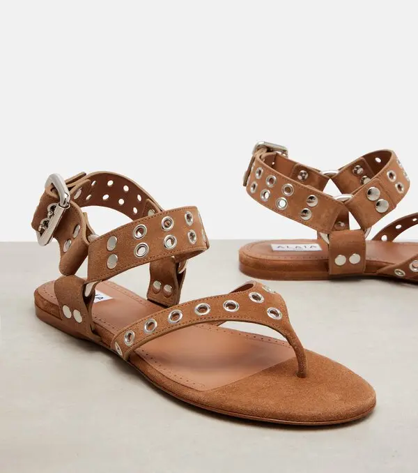 Alaïa Studded Suede Thong Sandals - Brown