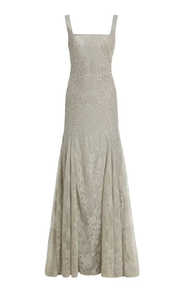 Costarellos Elysia Beaded Lace Gown - Grey