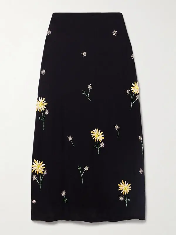 Staud Angela Bead-embellished Crepe De Chine Midi Skirt - Black