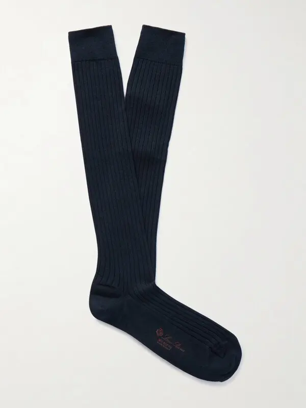 Loro Piana Sottile Ribbed Wool, Cashmere And Silk-blend Socks - Blue