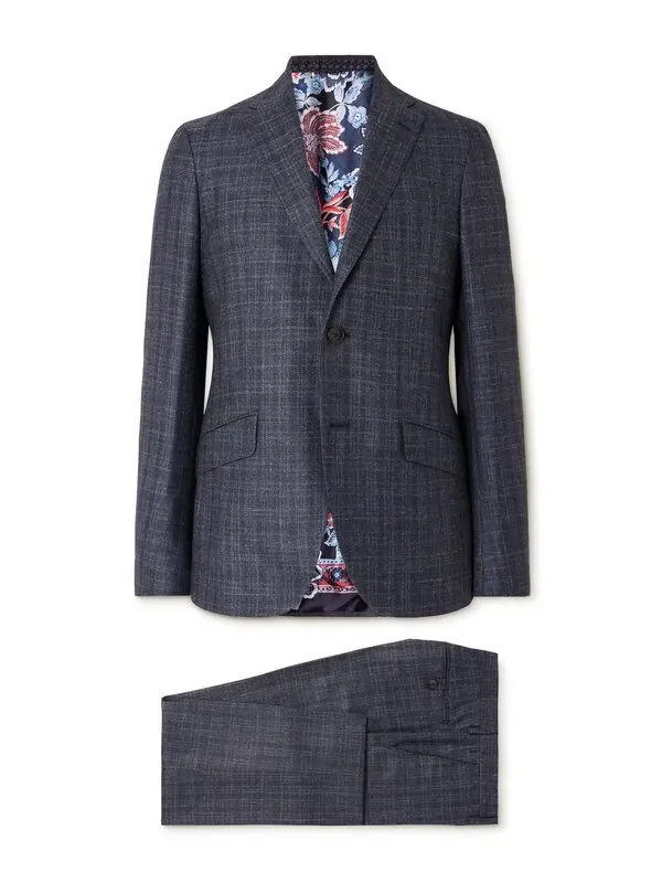 Etro Roma Checked Wool, Silk And Linen-blend Suit - Blue
