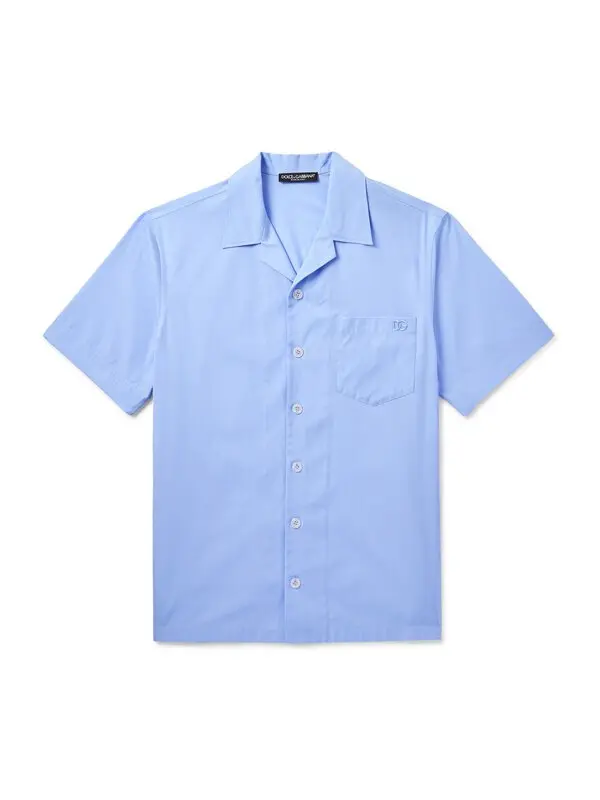 Dolce & Gabbana Camp-collar Logo-embroidered Cotton-poplin Shirt - Blue