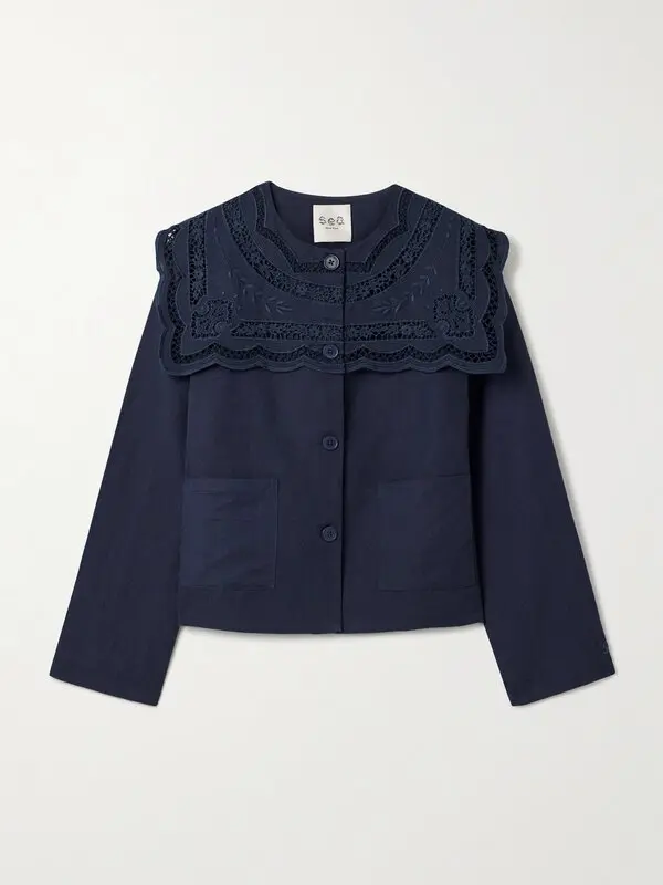 Sea Marie Broderie Anglaise Cotton And Linen-blend Jacket - Blue