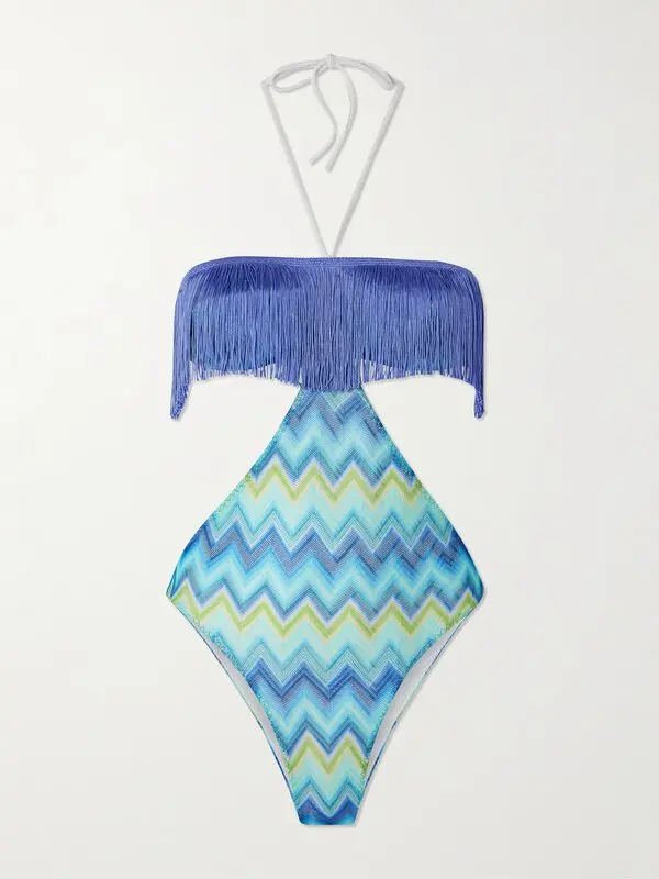 Missoni Mare Cutout Fringed Striped Crochet-knit Swimsuit - Blue