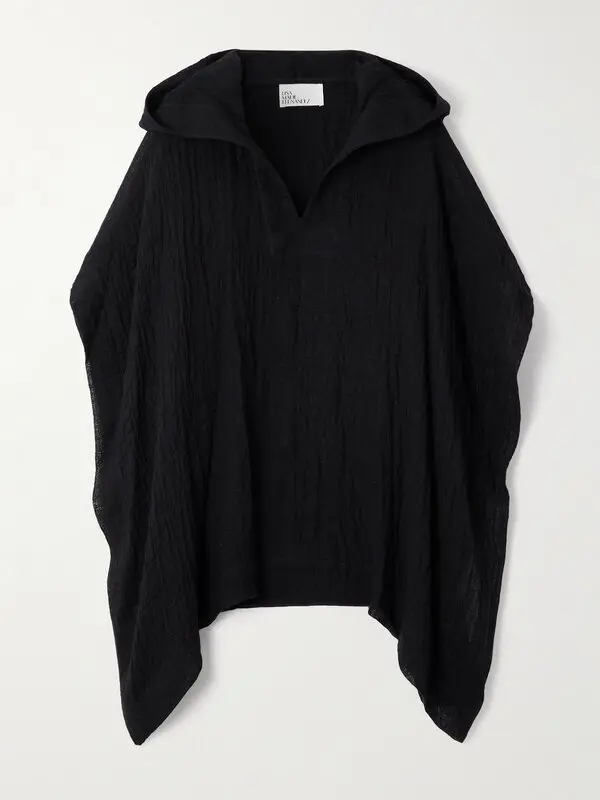Lisa Marie Fernandez Hooded Crinkled Linen-blend Gauze Poncho - Black