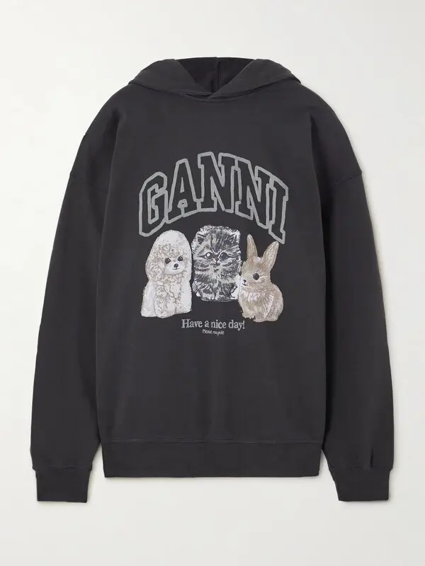 GANNI Oversized Printed Organic Cotton-jersey Hoodie - Gray