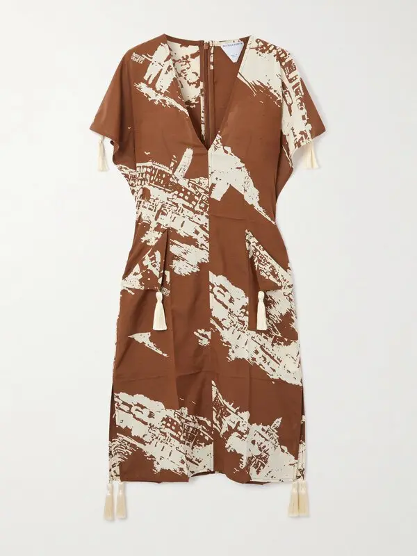 Bottega Veneta Tasseled Printed Silk And Cotton-blend Shantung Dress - Brown