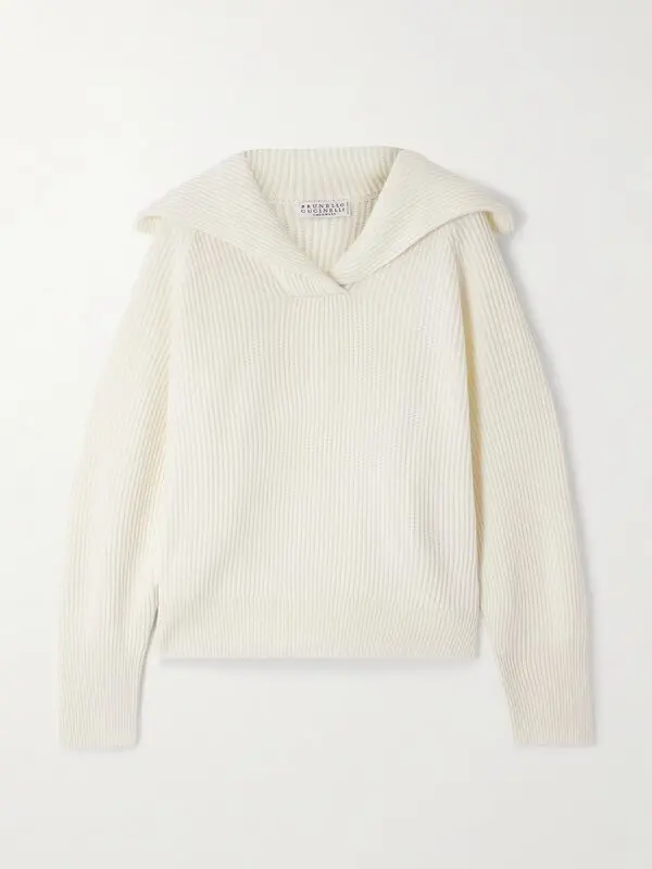 Brunello Cucinelli Ribbed Wool, Cashmere, And Silk-blend Sweater - Neutrals