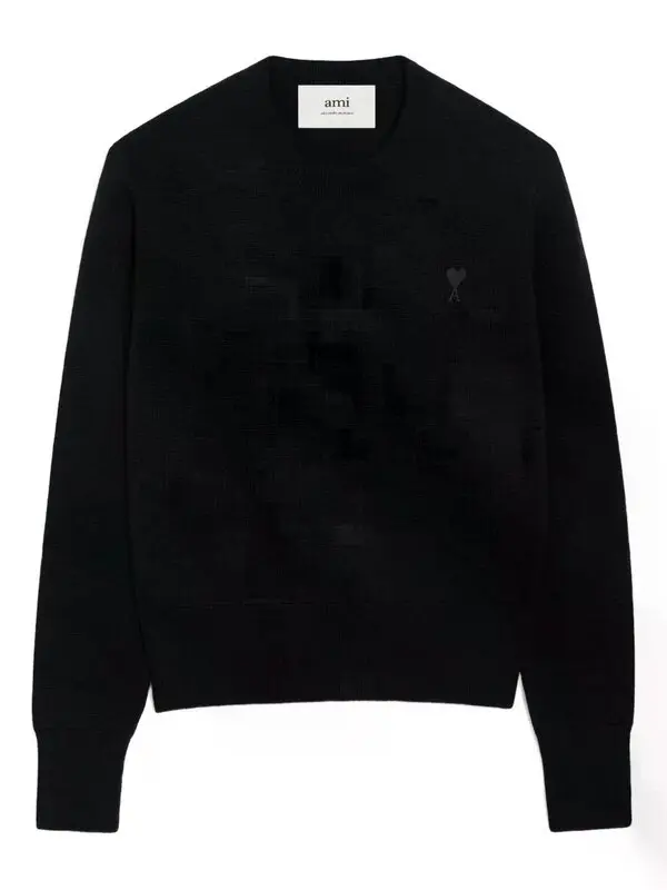 AMI Paris Wool Crewneck Sweater With Embroidered De Coeur - Black