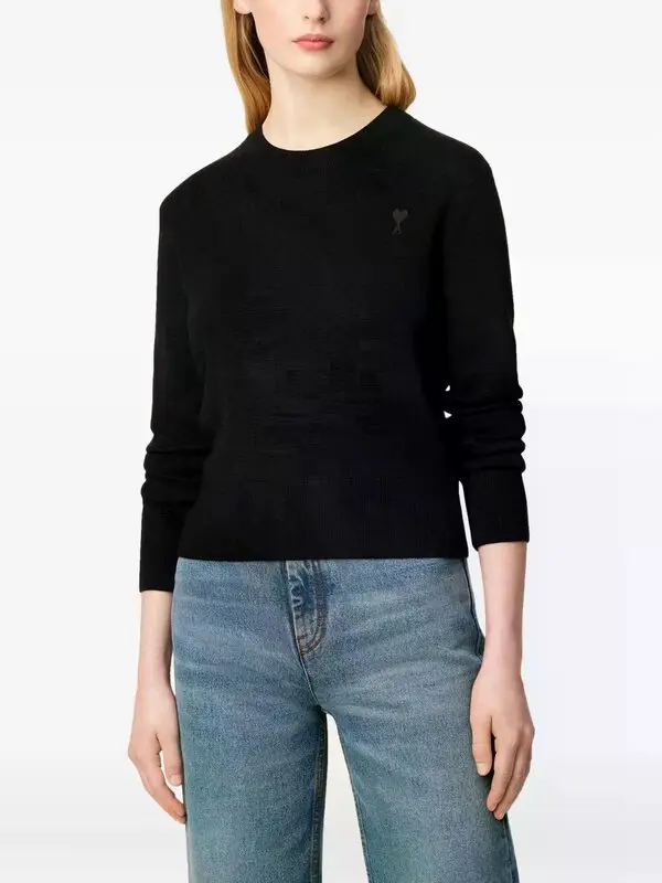 AMI Paris Wool Crewneck Sweater With Embroidered De Coeur - Black