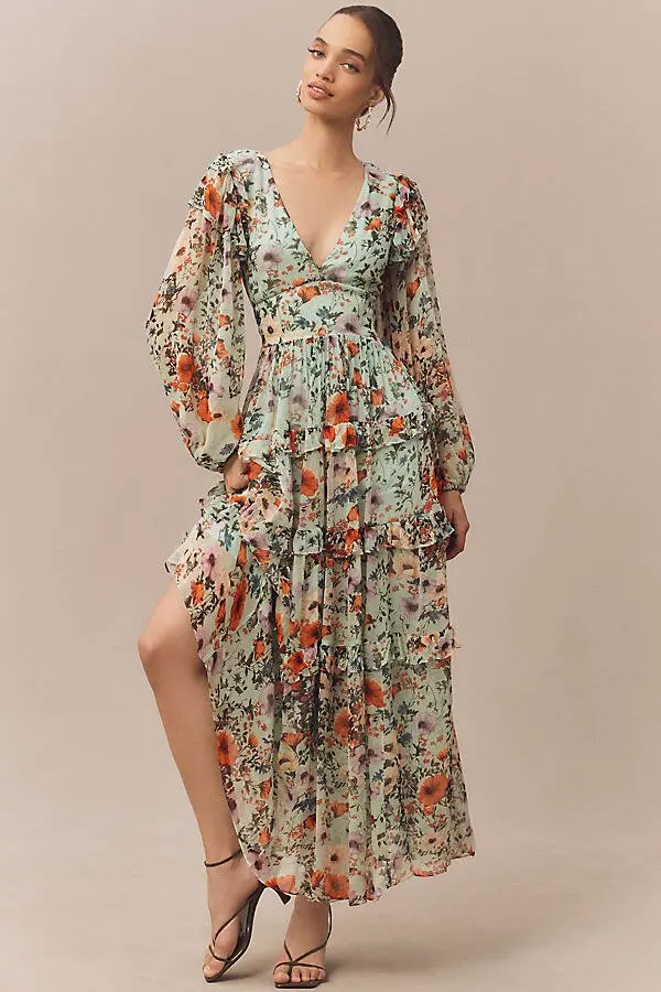 Bhldn Floral Chiffon Plunge Maxi Dress