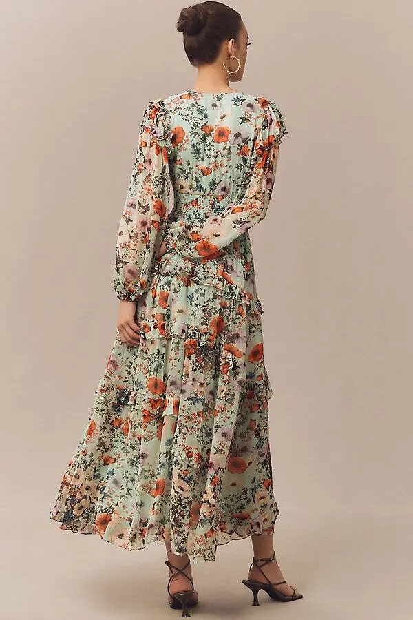 Bhldn Floral Chiffon Plunge Maxi Dress