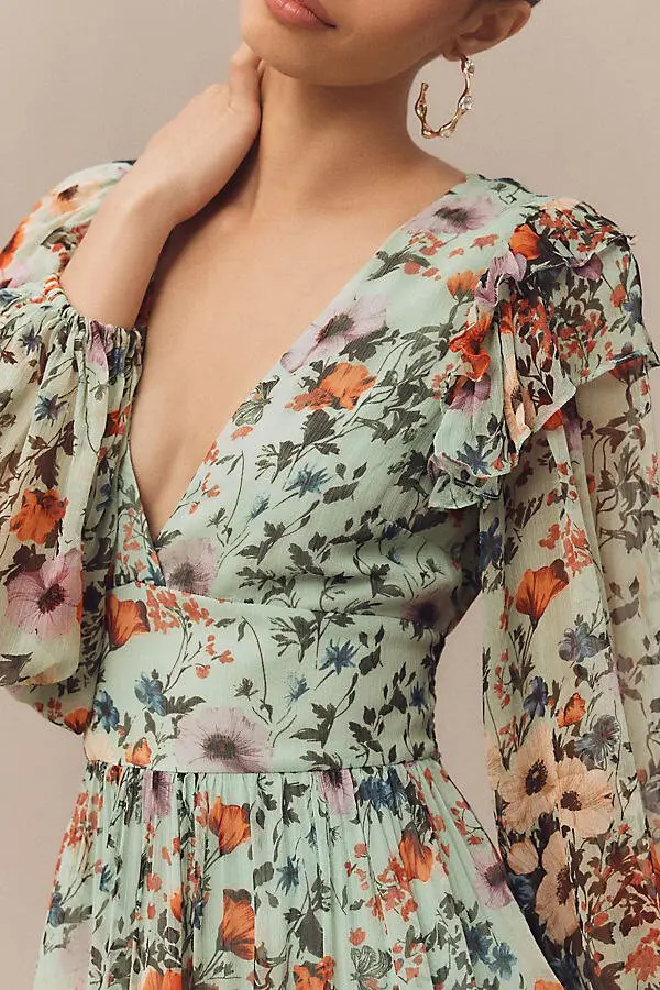 Bhldn Floral Chiffon Plunge Maxi Dress