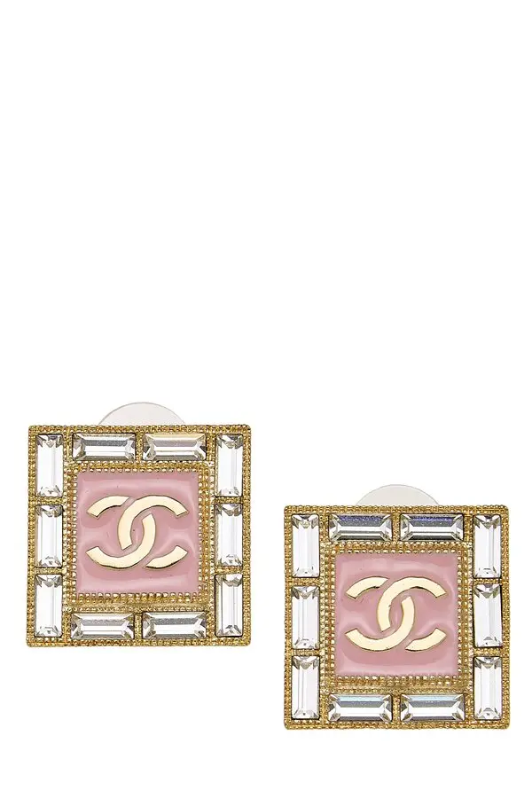 Chanel Metal 'cc' Crystal Square Earrings - Pink