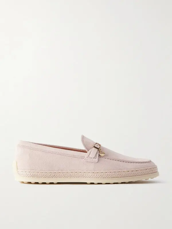 TOD'S Raffia-trimmed Suede Loafers - Pink