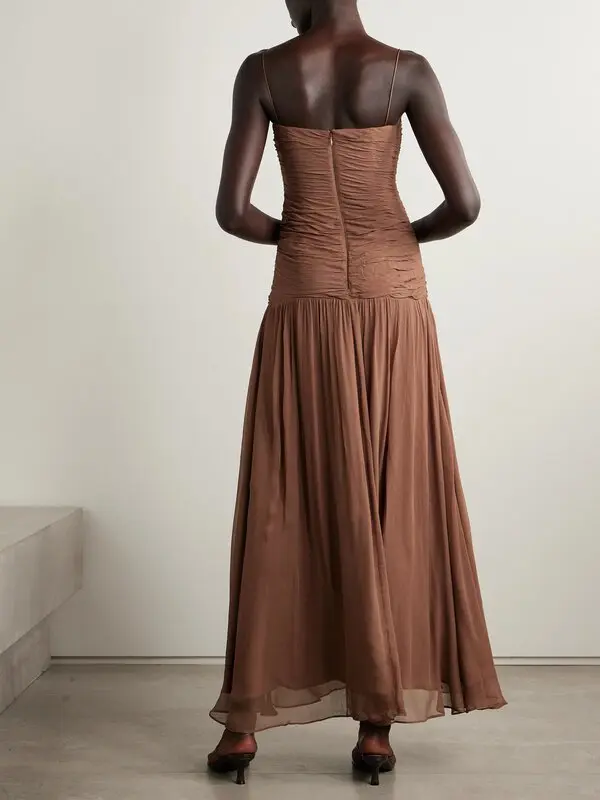 Staud Dalton Ruched Crepon Maxi Dress - Brown