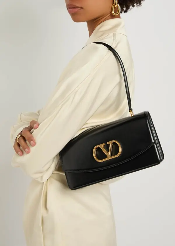 Valentino Garavani Vain Vlogo Leather Shoulder Bag - Black