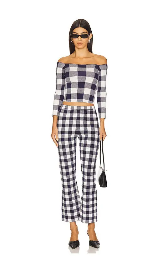 SEROYA Vale Top Navy Gingham Off-the-shoulder Sweater