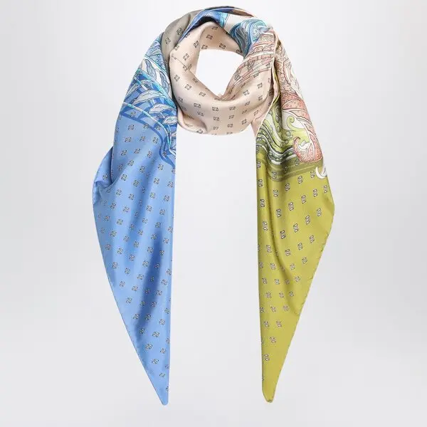 FERRAGAMO Green/ Silk Scarf With Madras Print - Blue