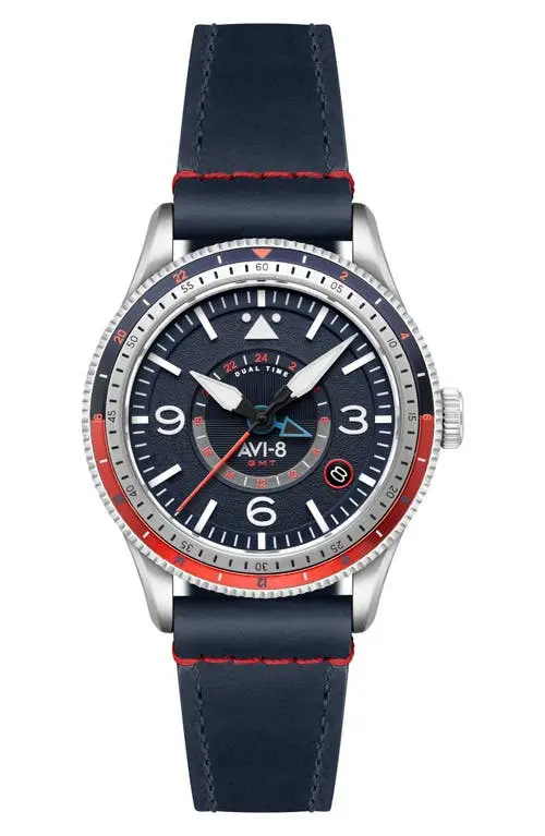 AVI-8 Flyboy Airmaster Gmt Leather Strap Watch - Blue