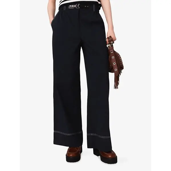 Maje Belted Wide-leg Trousers - Navy