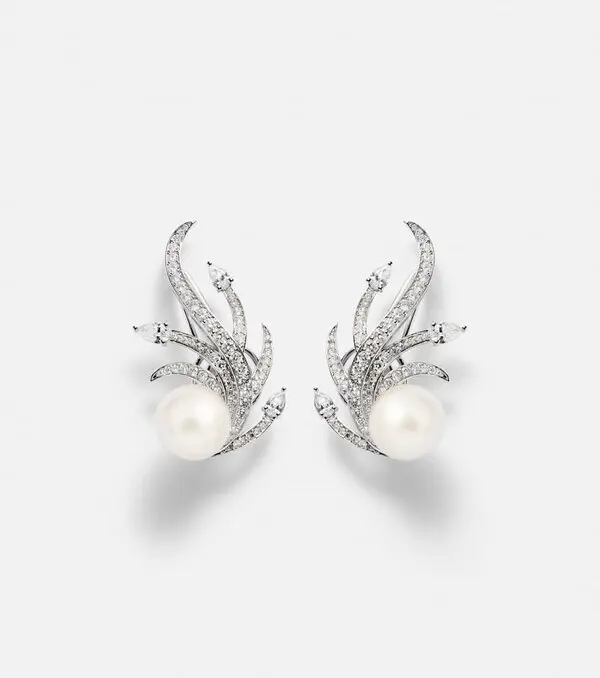 Yeprem 18kt White Gold Earrings With Diamonds And Pearls - Silver