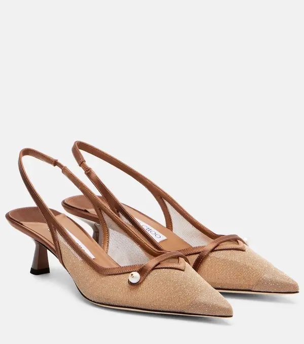 JIMMY CHOO Amita 45 Leather-trimmed Slingback Pumps - Beige