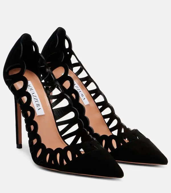 AQUAZZURA Peep 105 Scalloped Suede Pumps - Black