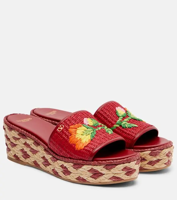 Valentino Garavani Bribri Raffia Espadrille Wedges - Red