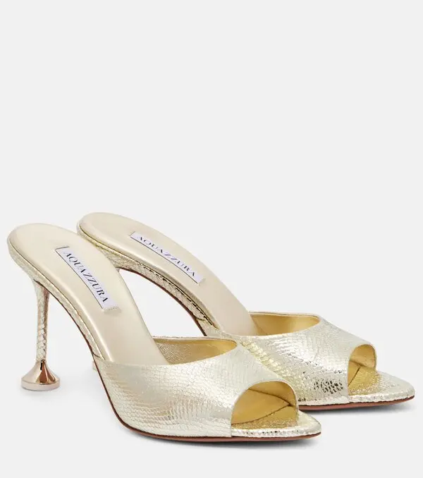 AQUAZZURA Bisous 85 Embossed Leather Mules - Gold